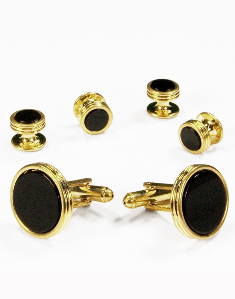 Black Circular Onyx with Gold Concentric Circles Studs and Cufflinks S – CardiInternational.com